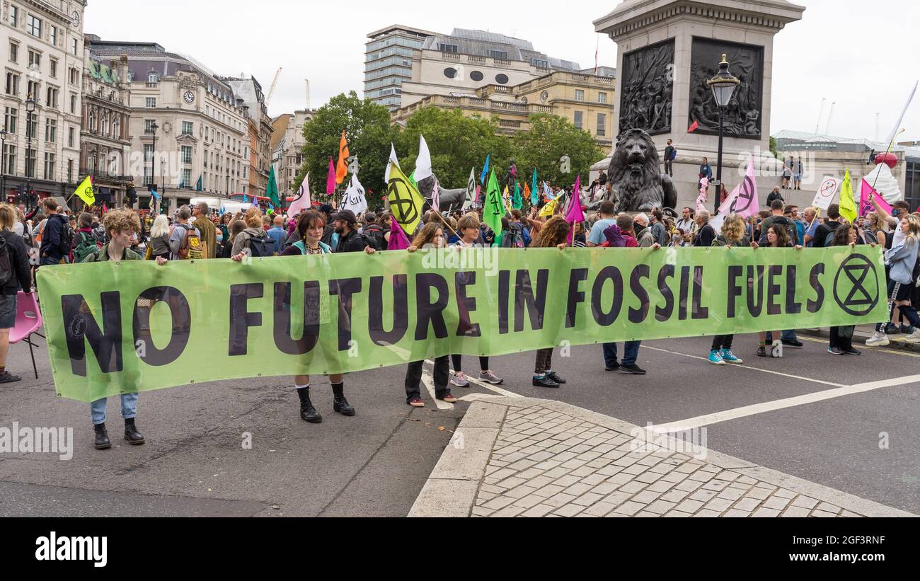 Extinction Rebellion protest against climate change. Protestors holding ...