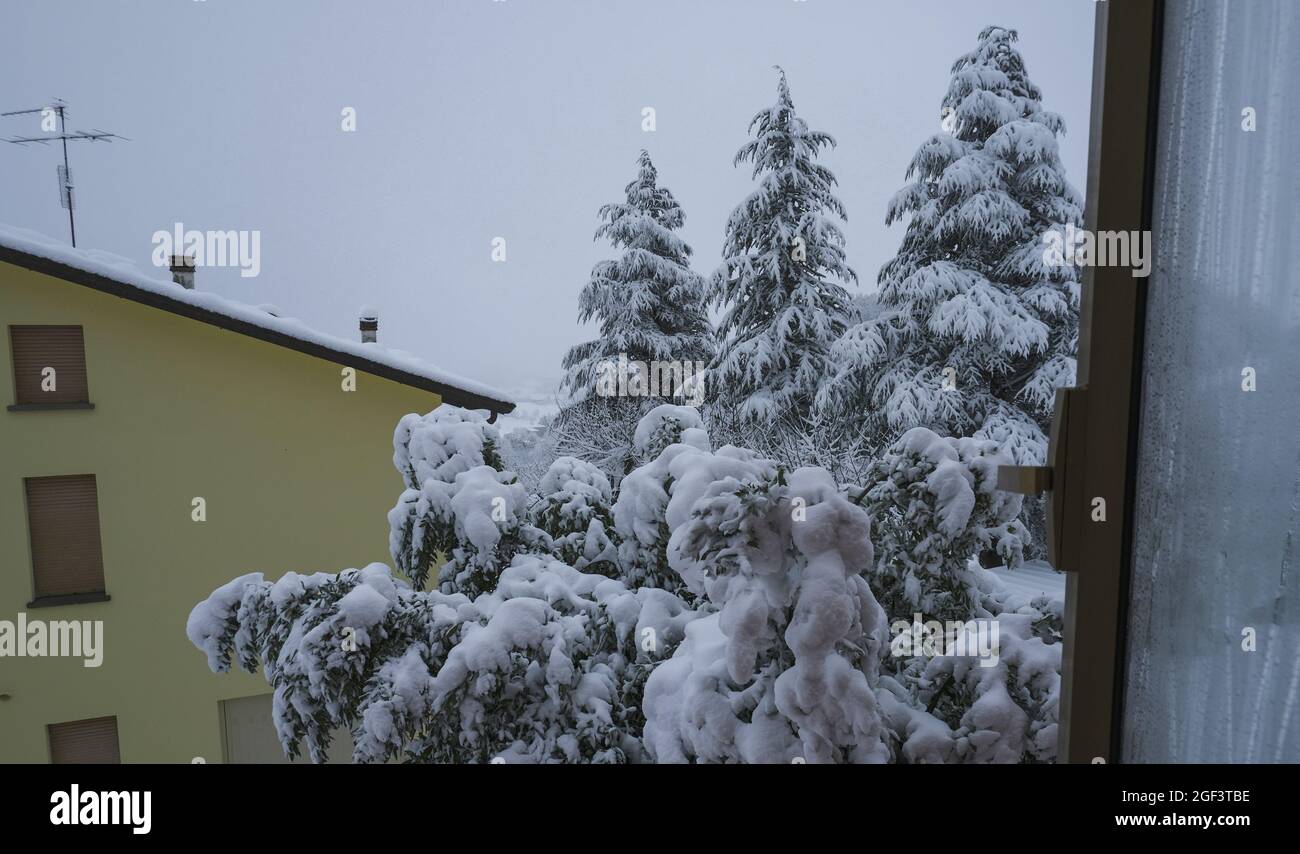 snow covered trees in winter, yellow house covered with snow through ...