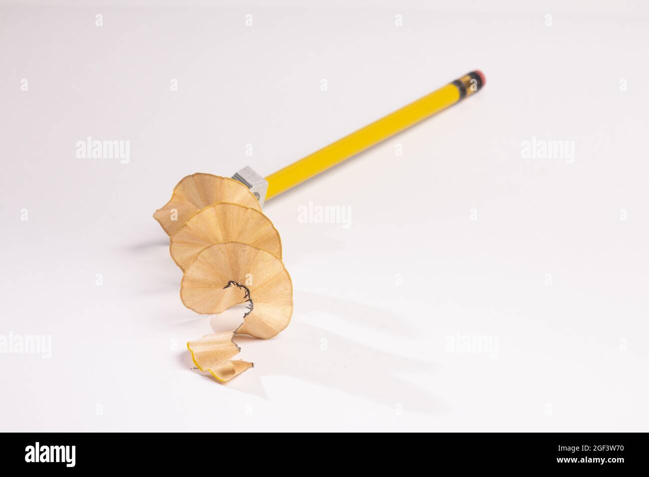 Closeup shot of wooden sharpened pencil with shavings isolated on a ...