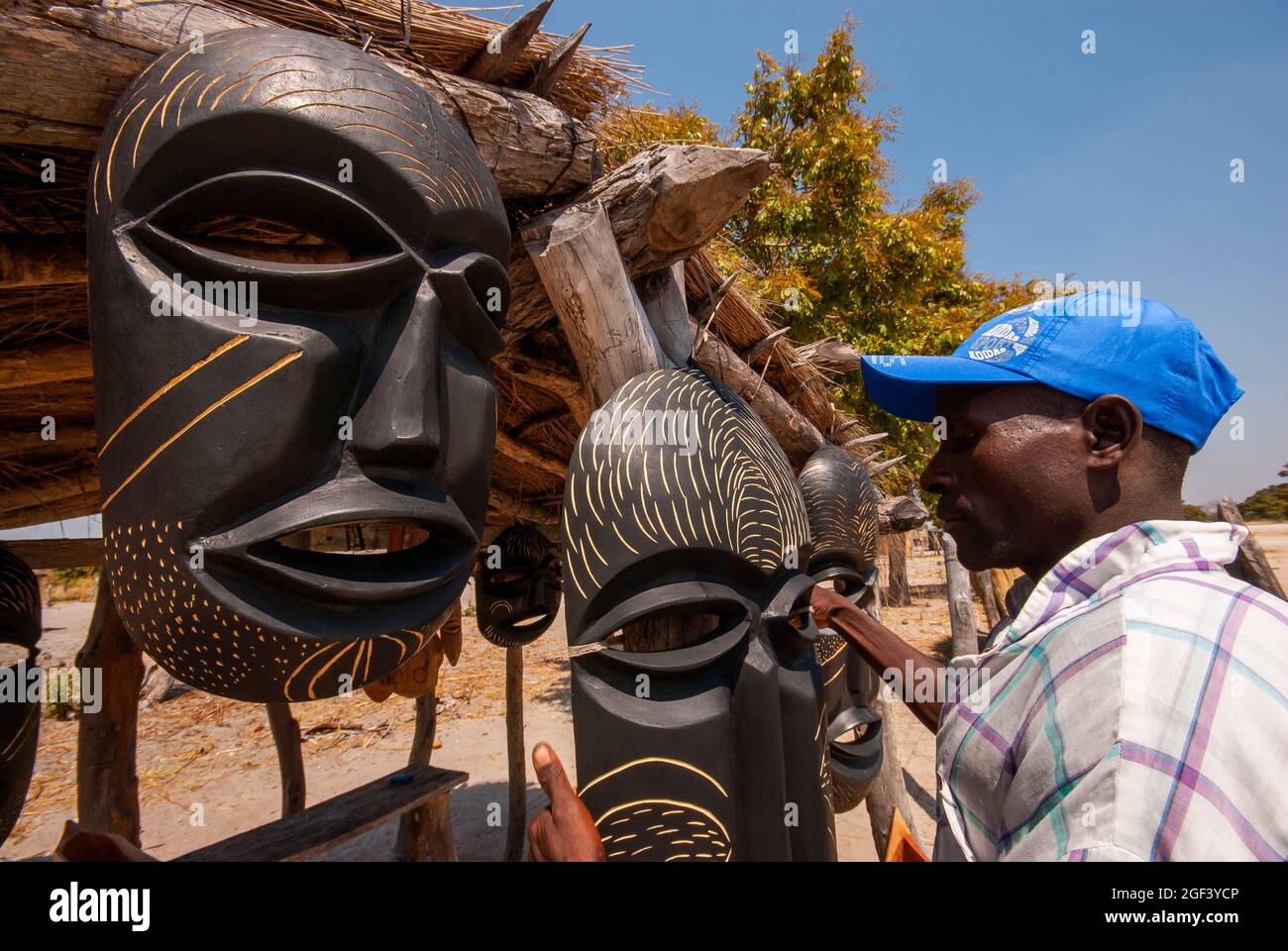 African souvenirs, masks on sale on the Caprivi Strip, on the Angola ...
