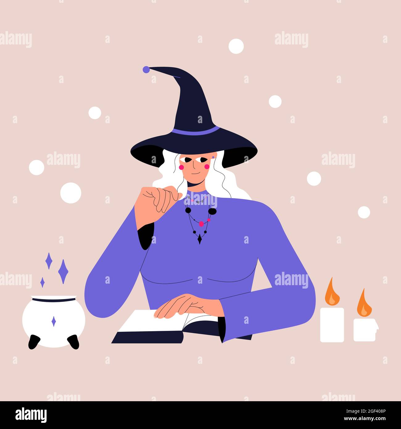 Halloween witch girl with black skin color with a magic spell book ...