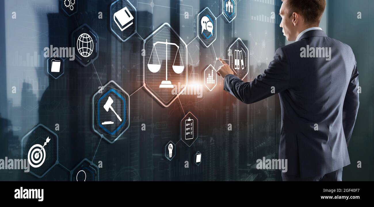 Law. Businessman on abstract blurred background using law protection ...
