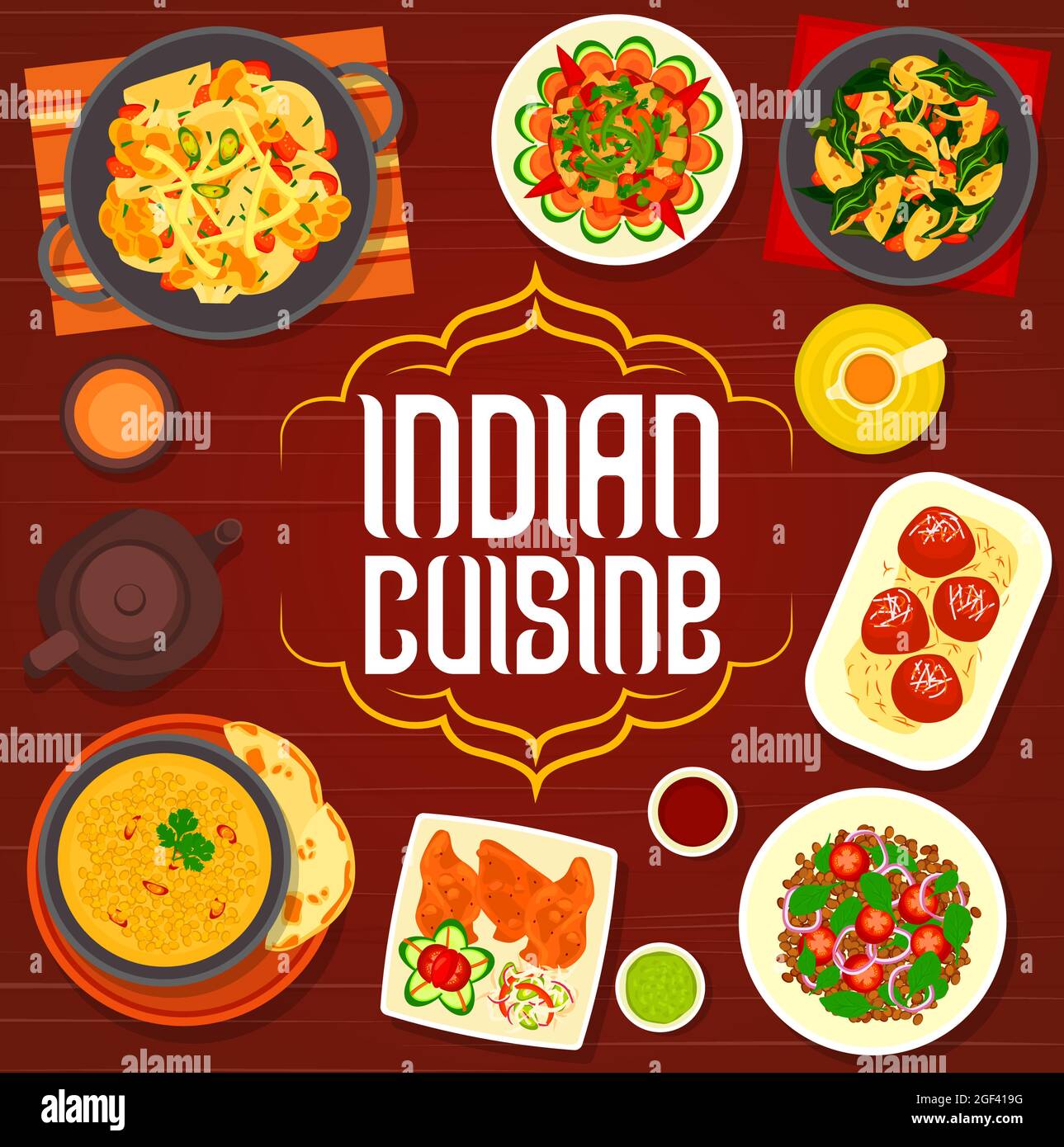 Indian cuisine menu cover with vector dishes of spice vegetables and ...