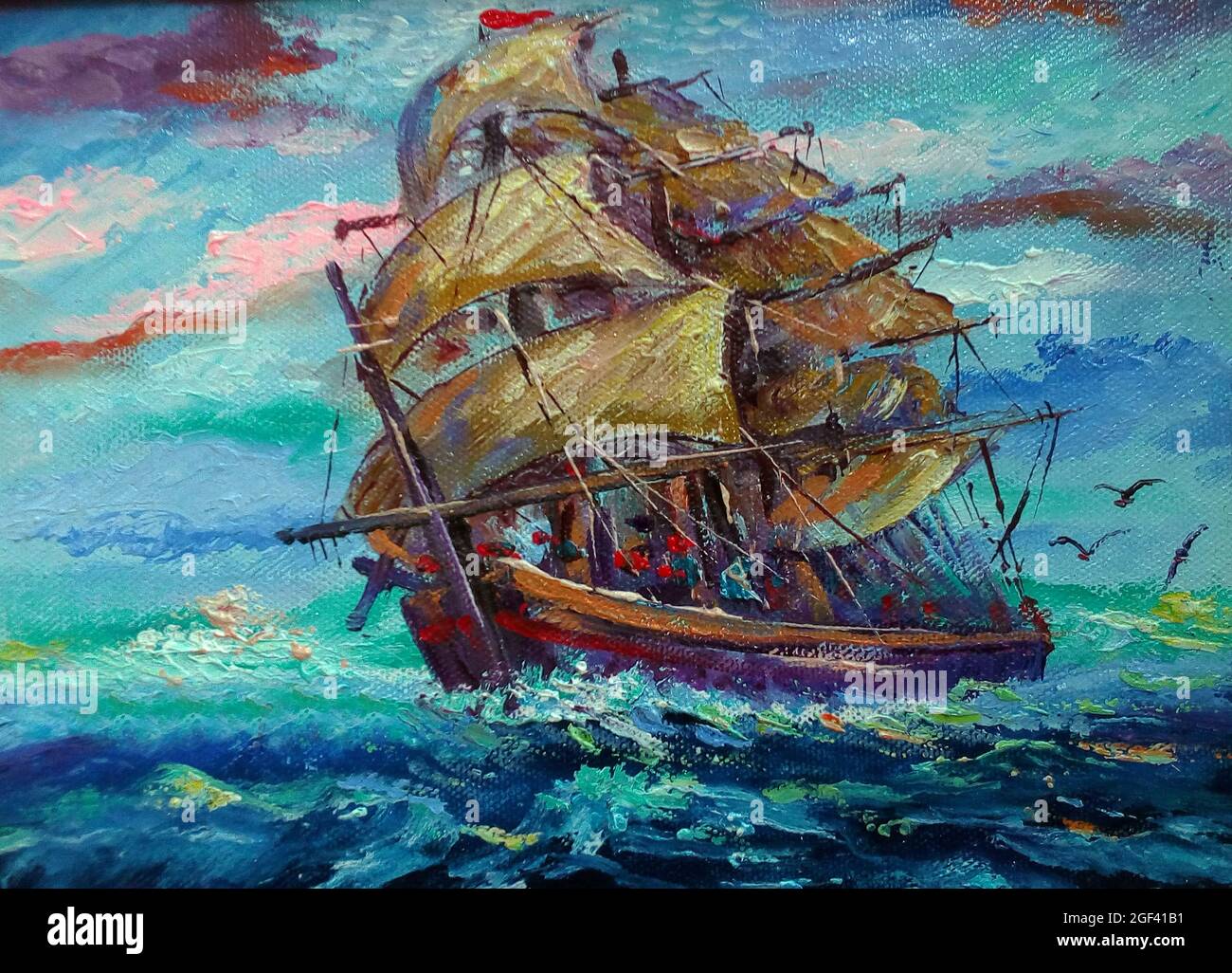 art oil painting sailboat , barque in sea from thailand , , Beach ...