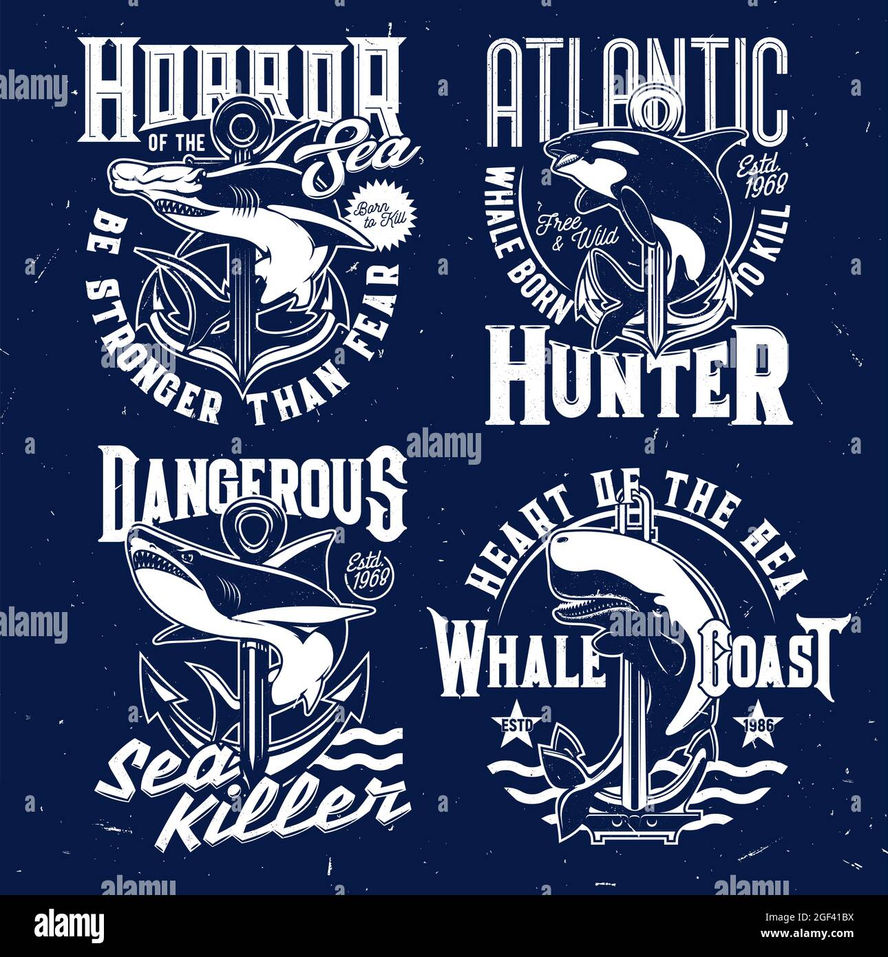 Nautical t-shirt prints, anchor and marine sea waves vector emblems ...
