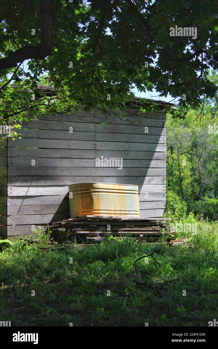 Animal water trough and bucket on a bright sunny summer day Stock Photo ...
