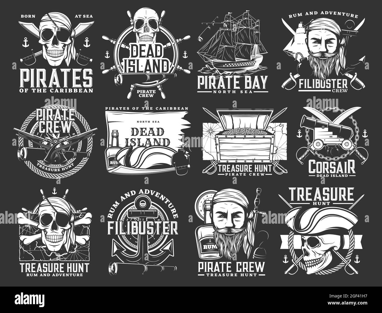 Caribbean pirates and corsair icons. Treasure hunt adventure monochrome ...