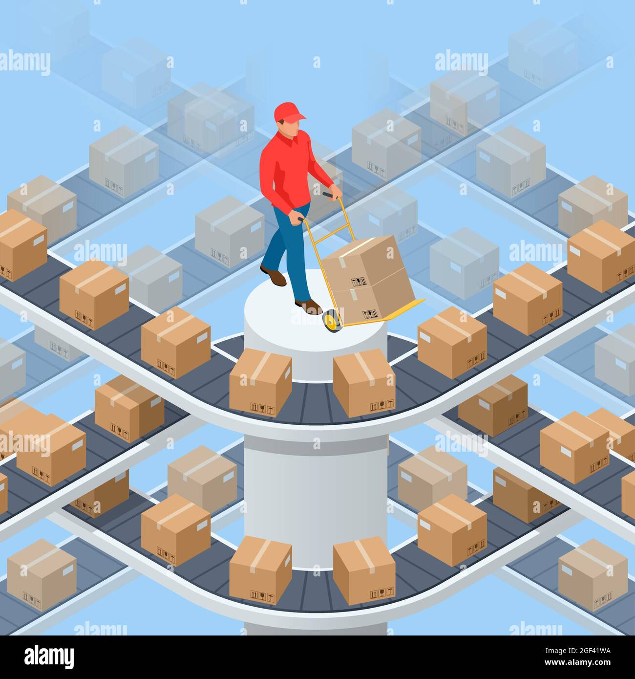Isometric packed courier on production line against cardboard boxes in ...