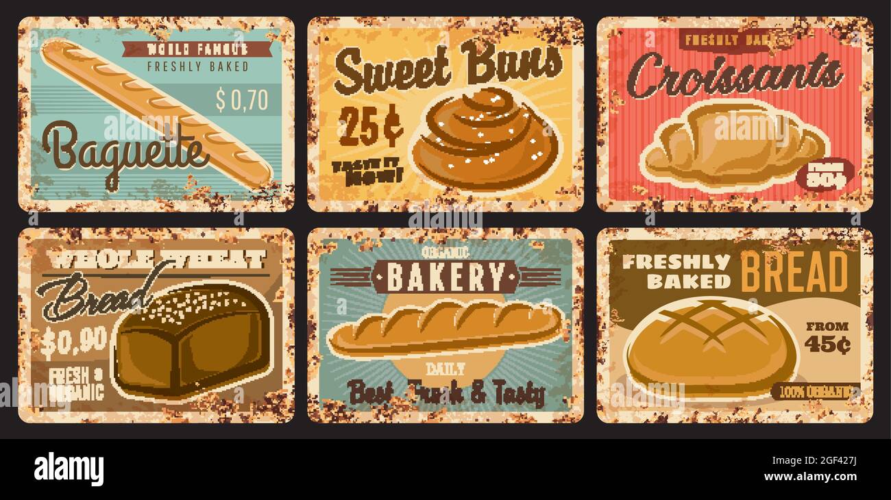 Bakery shop and pastry vintage plates with bread and buns, vector rusty ...