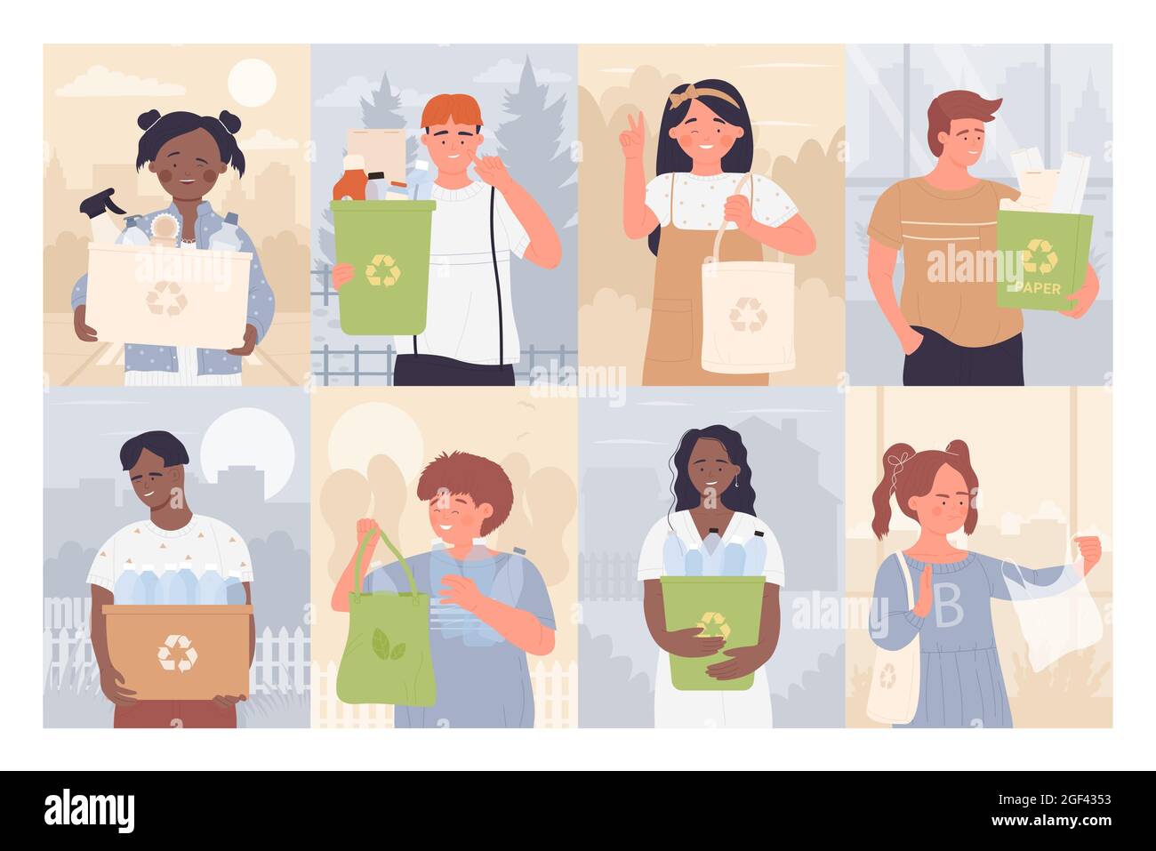 People sorting garbage set vector illustration. Cartoon woman man characters holding bags or ...