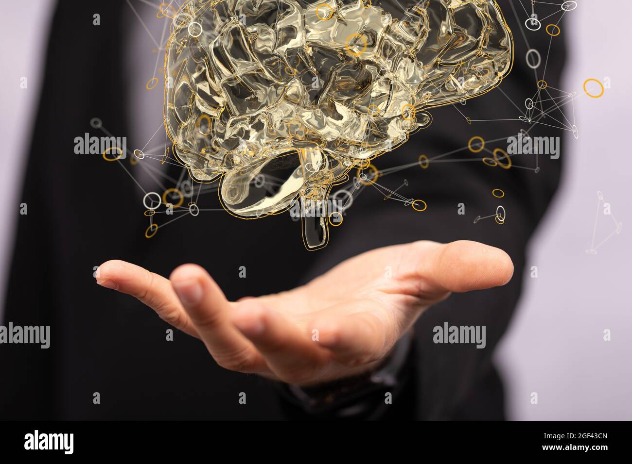 3D floating human brain above a hand - AI concept Stock Photo - Alamy