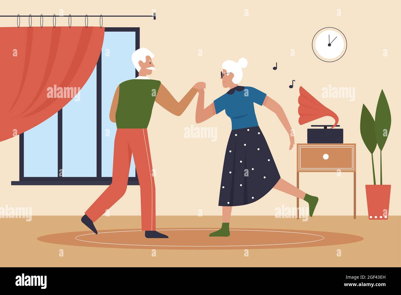 Elderly couple dance at home living room interior vector illustration ...