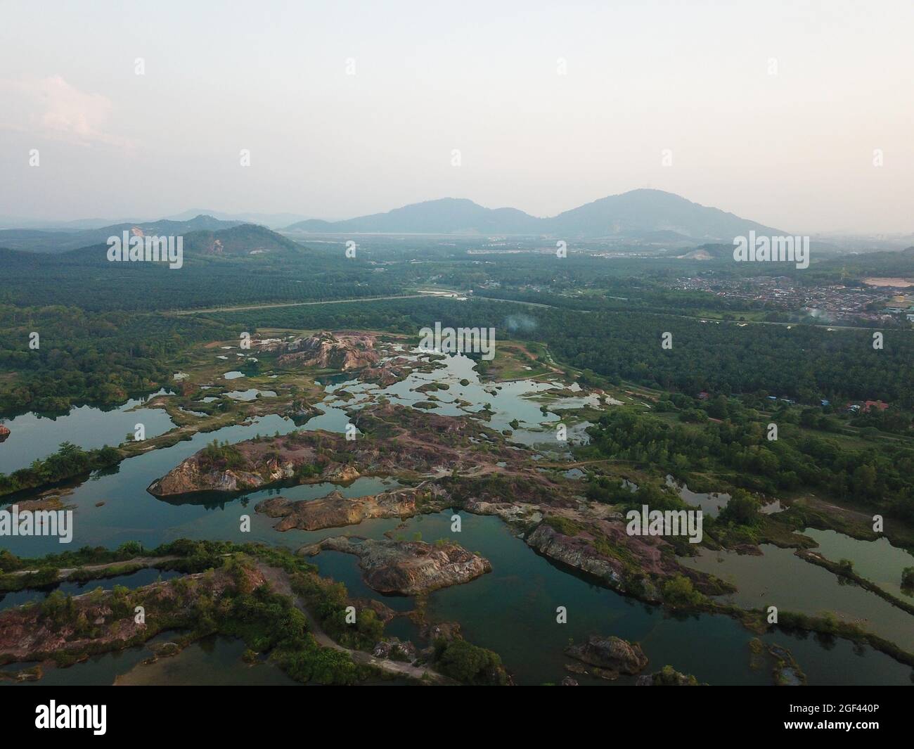 Aerial view rock mountain and green lake at Frog Hill. Beautiful lake ...