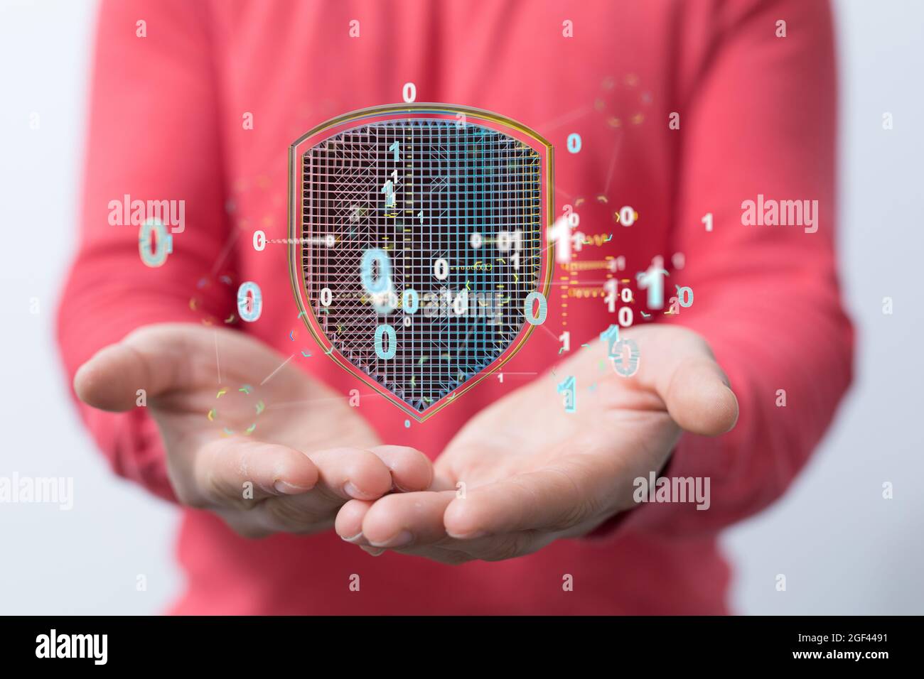 Floating 3D cybersecurity icon above hands Stock Photo - Alamy