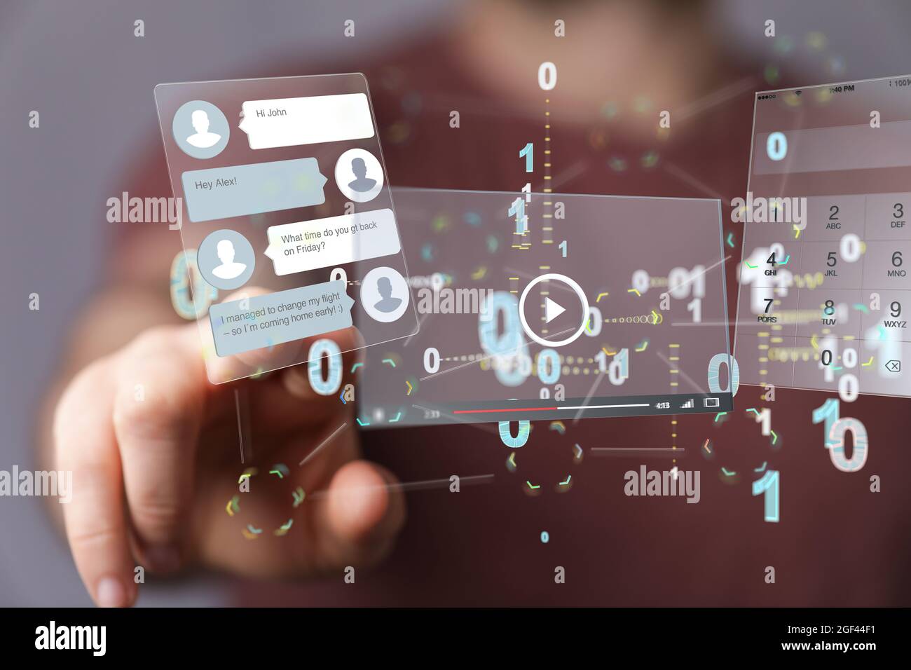 Hand touching floating 3D web development interface Stock Photo - Alamy