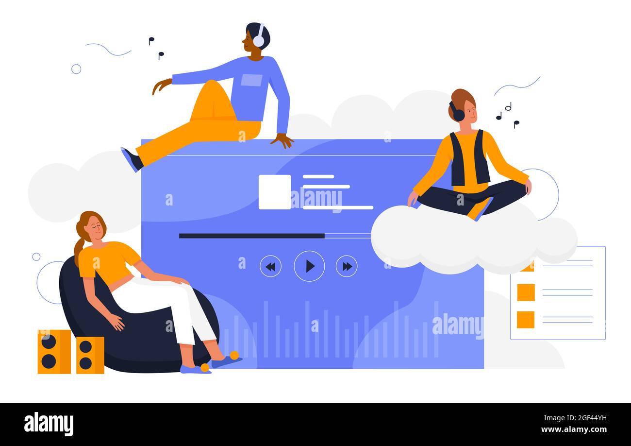 People listen music online, playlist with songs vector illustration ...