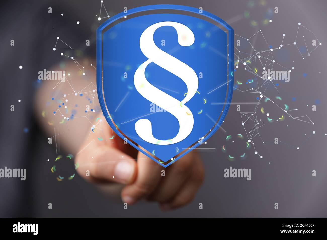 Hand touching a floating 3D paragraph law and justice sign Stock Photo ...