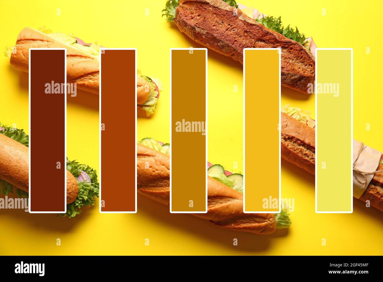 Tasty sandwiches on yellow background. Different color patterns Stock ...