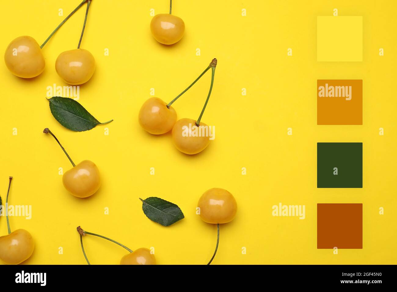 Tasty sweet cherries on yellow background. Different color patterns ...