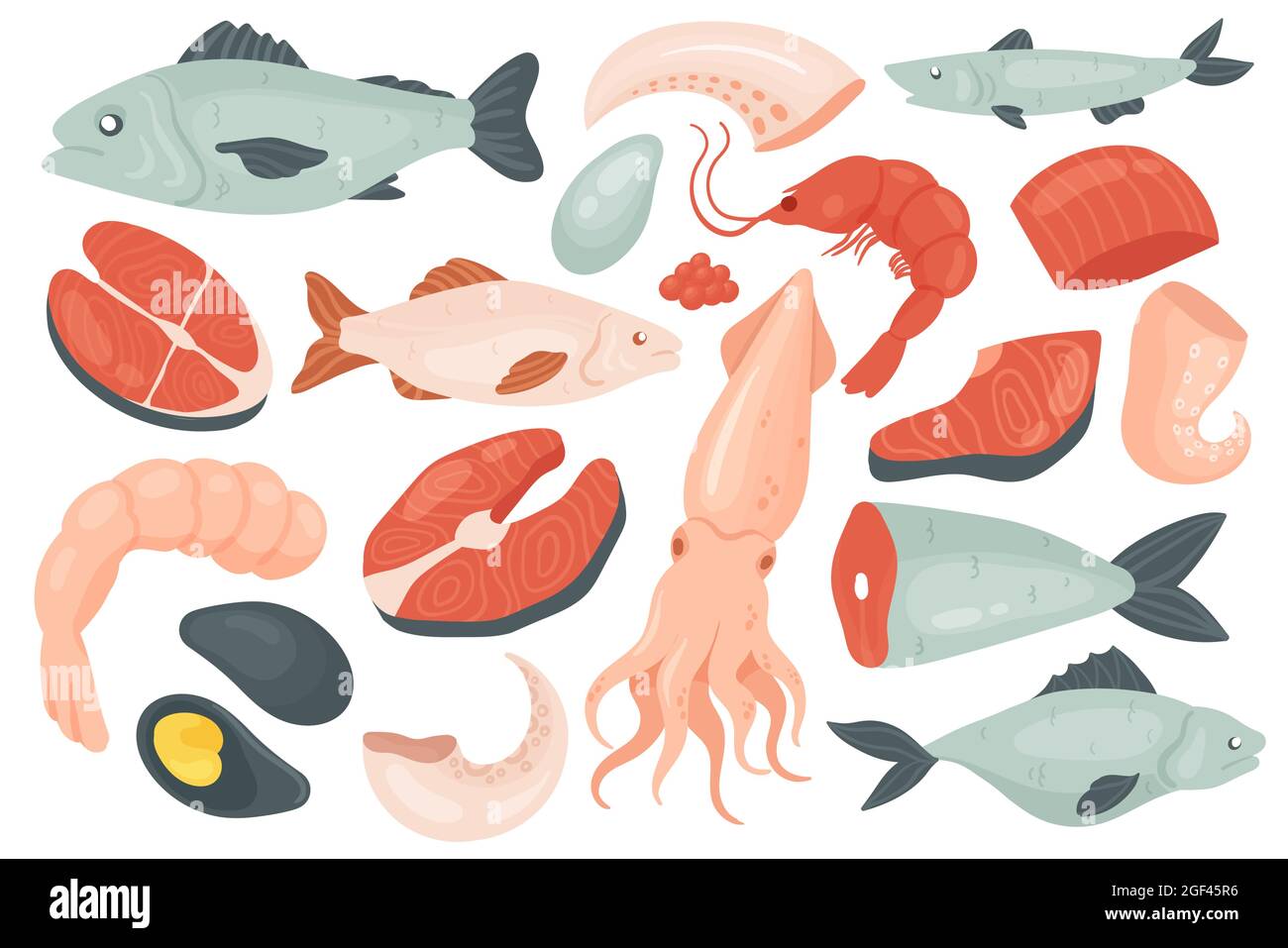 Seafood set, raw sea ocean fish and shellfish vector illustration ...