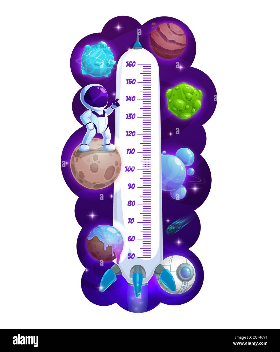 Kids height chart with cartoon space rockets and astronauts, vector ...
