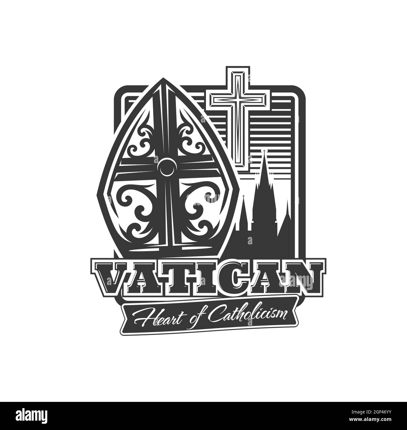 Vatican icon, pope tiara, catholic crucifix and ancient building peaks ...