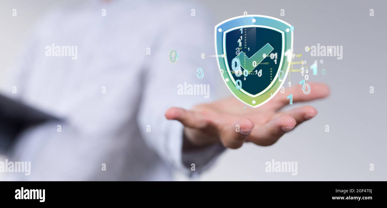 3d rendered shield check mark icon on hand - firewall and encryption ...