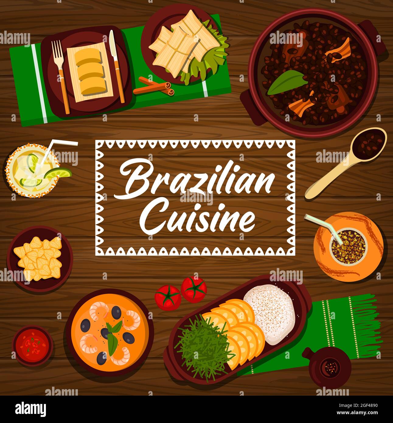 Brazilian cuisine vector black bean stew feijoada, sweet corn mush ...