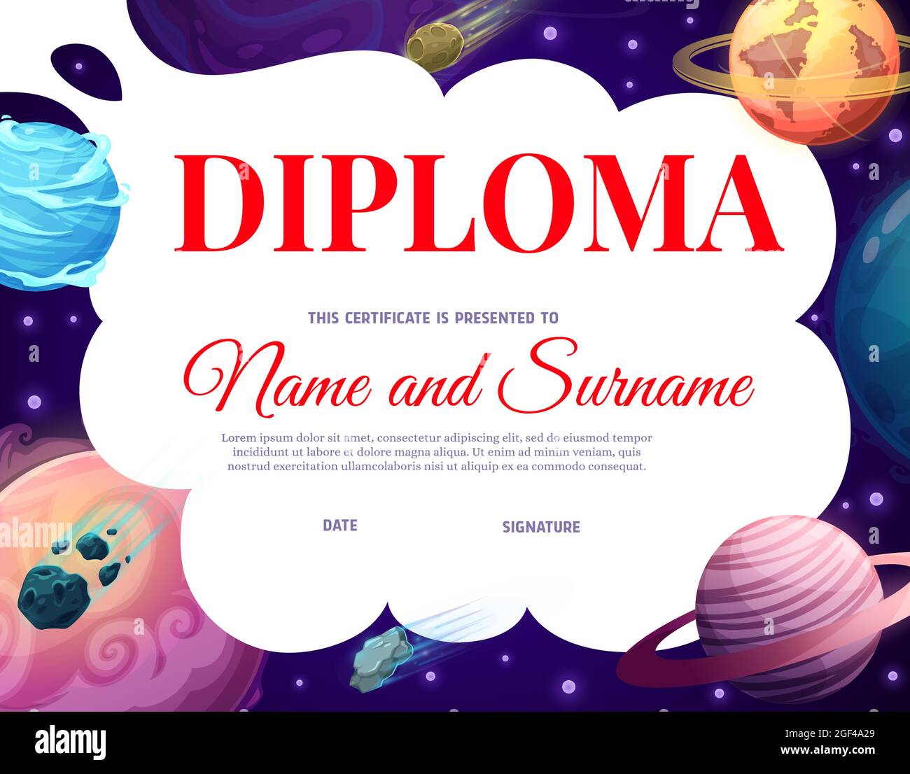 Kids diploma with space planets and asteroids, vector award certificate, educational school or ...