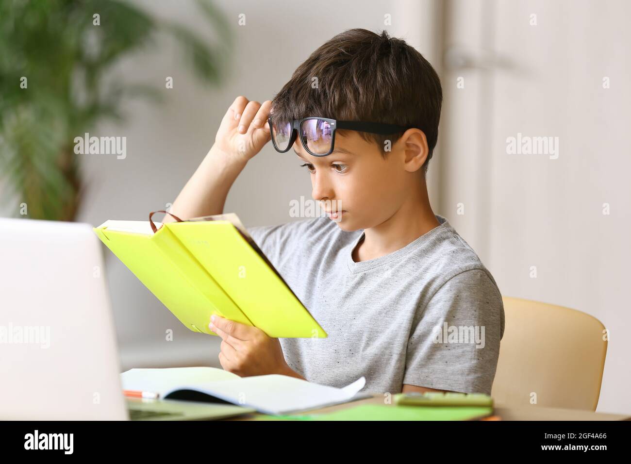Shocked little boy reading book at home Stock Photo - Alamy
