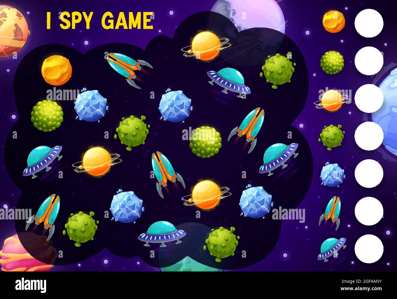 Kids I spy game with space ships and planets. Vector riddle with ...