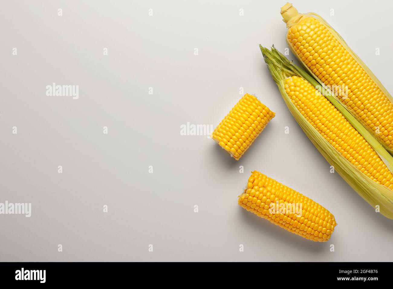 Fresh corn cobs on light background Stock Photo - Alamy