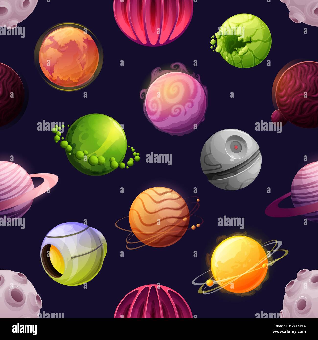 Cartoon space futuristic planets and stars seamless pattern. Vector ...