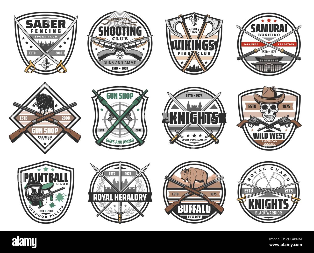Guns, battle weapon and hunting ammo vector icons. Wild West revolvers ...