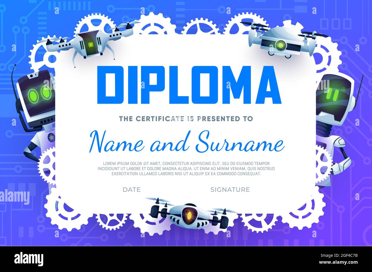 Kids diploma. Robots and gears, certificate award for education, vector ...