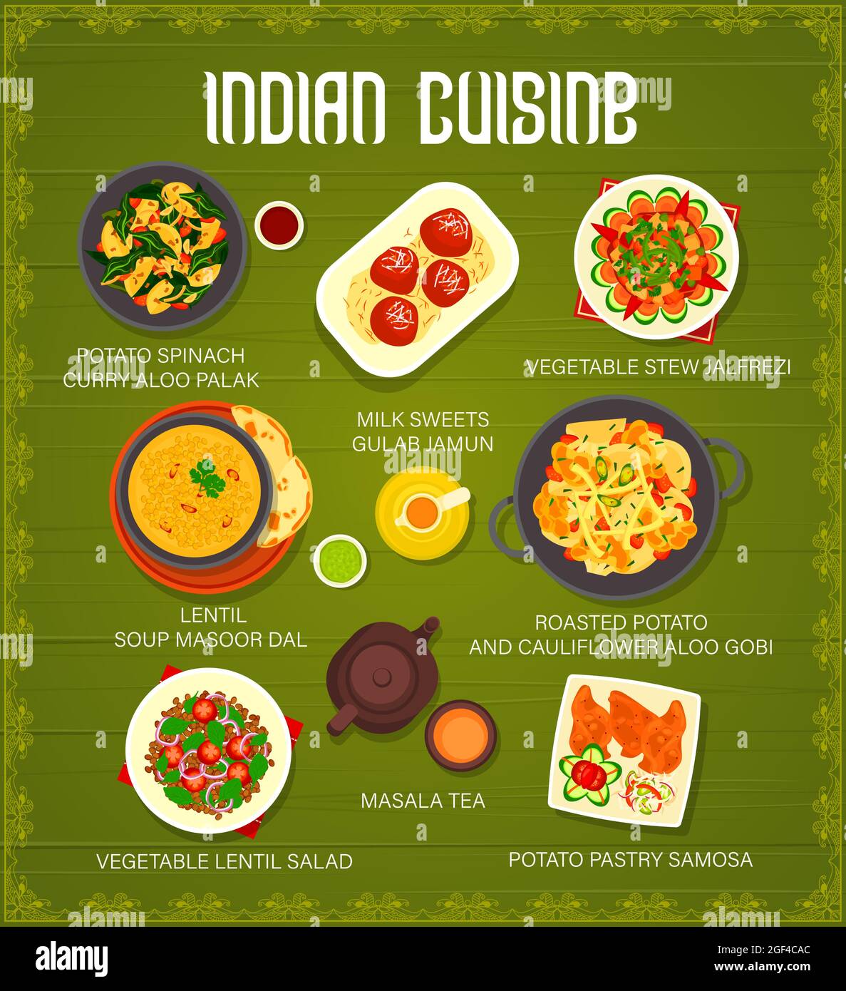 Indian cuisine spice food menu with vector dishes of vegetable curry ...