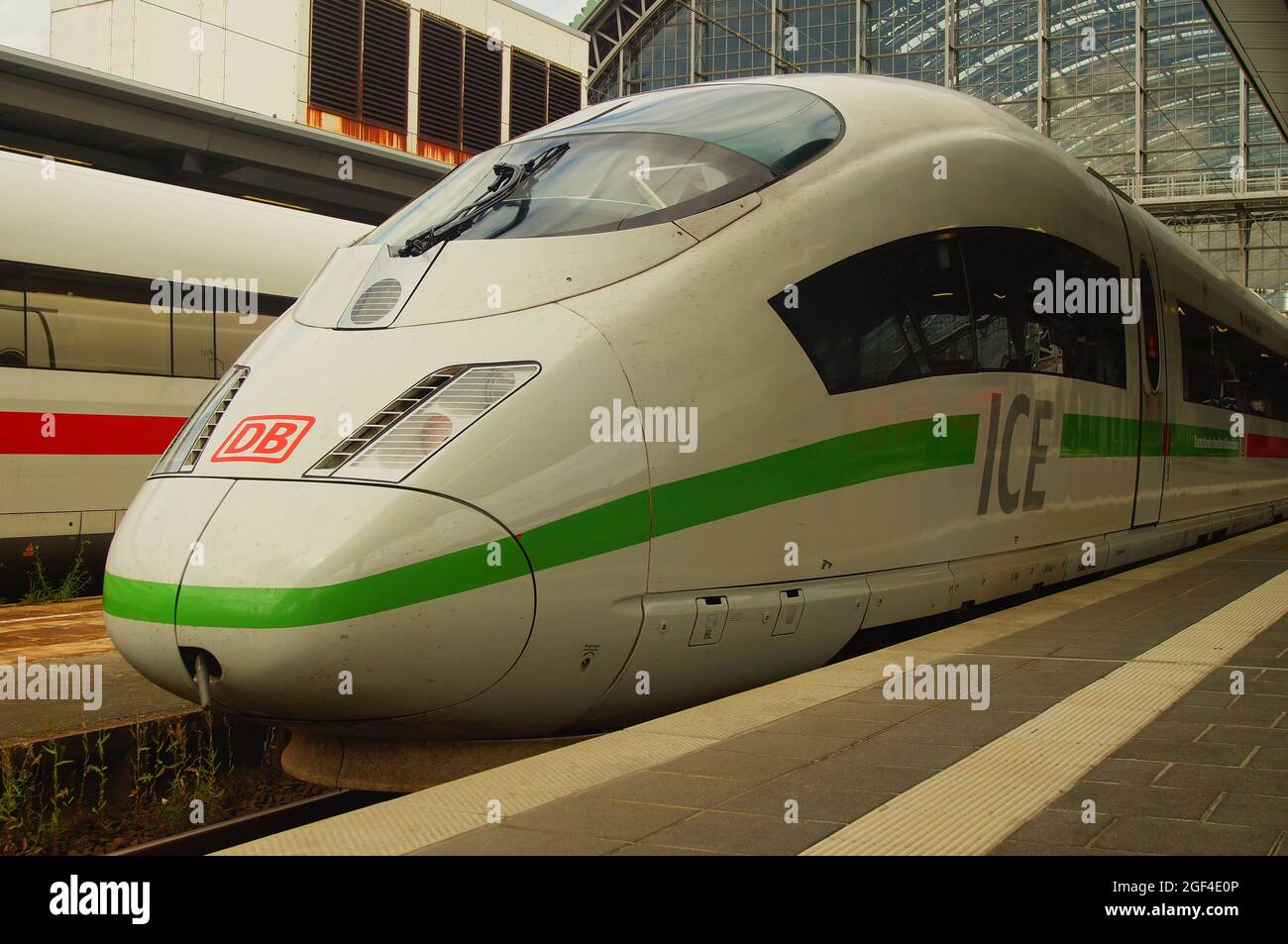 FRANKFURT, GERMANY - Aug 20, 2021: Head of an ICE3 high-speed train at ...