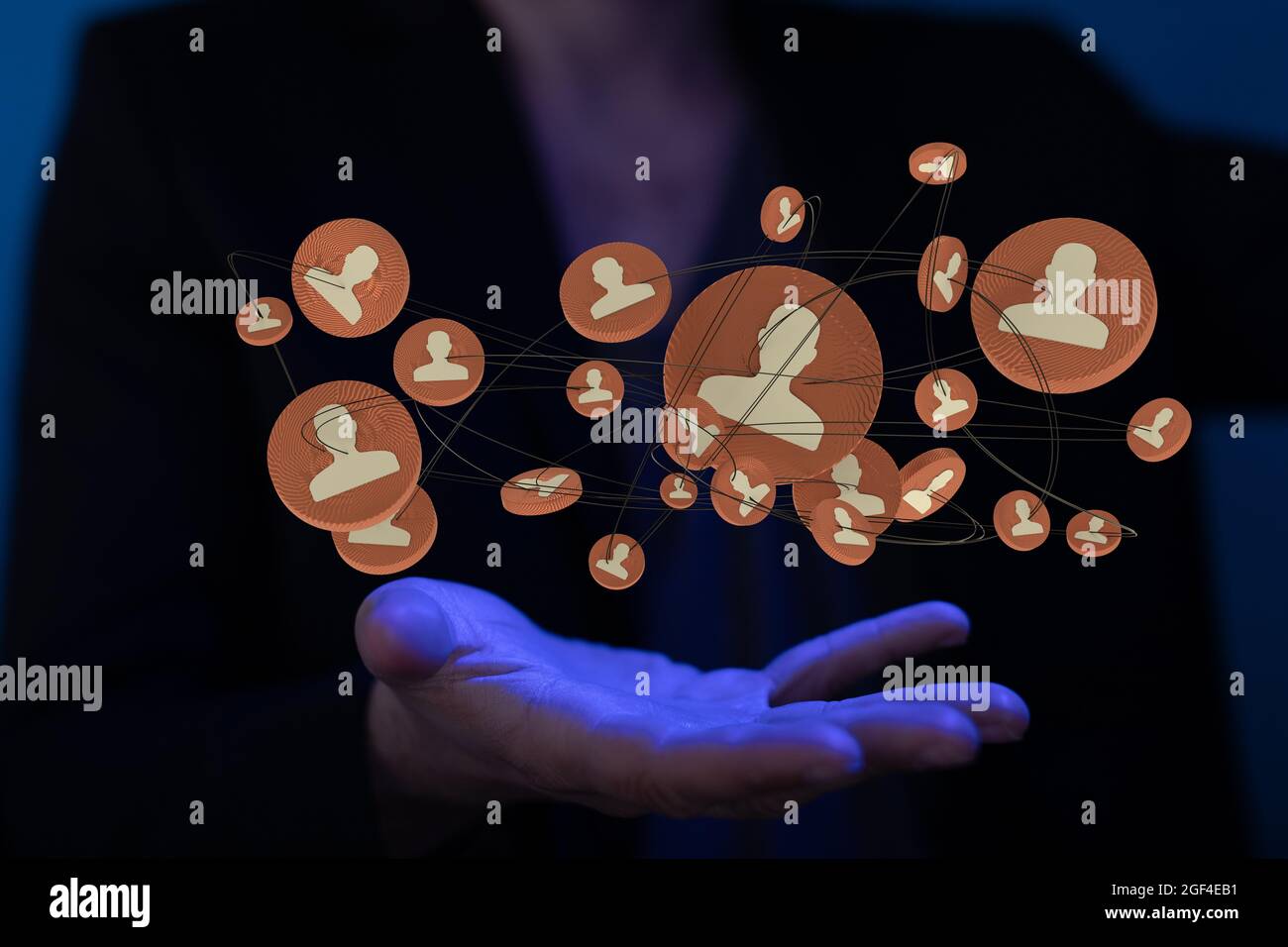 Businesswoman holding the virtual 3D network icons symbolizing ...