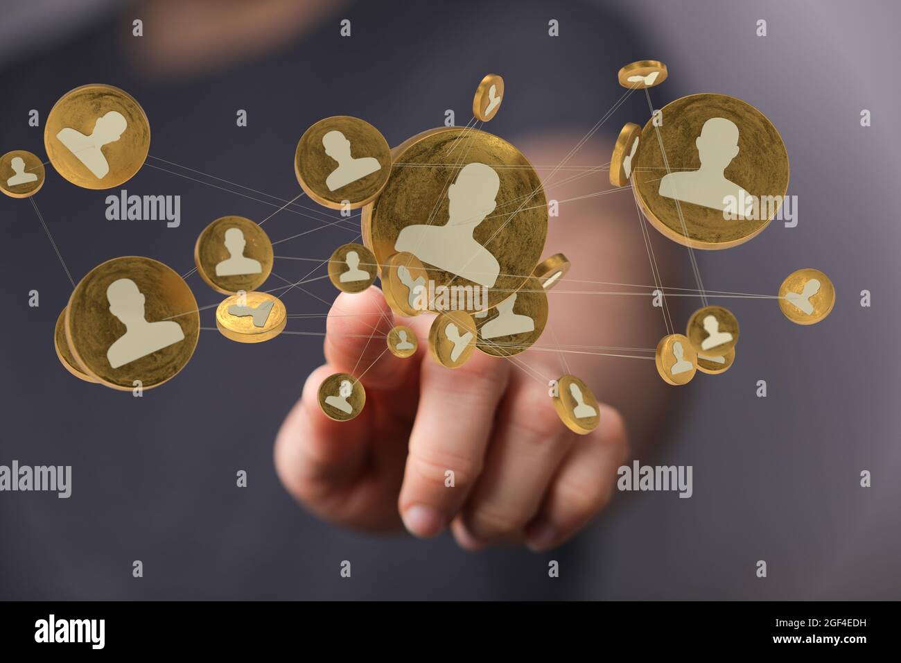 Businessman touching the virtual 3D network icons symbolizing ...