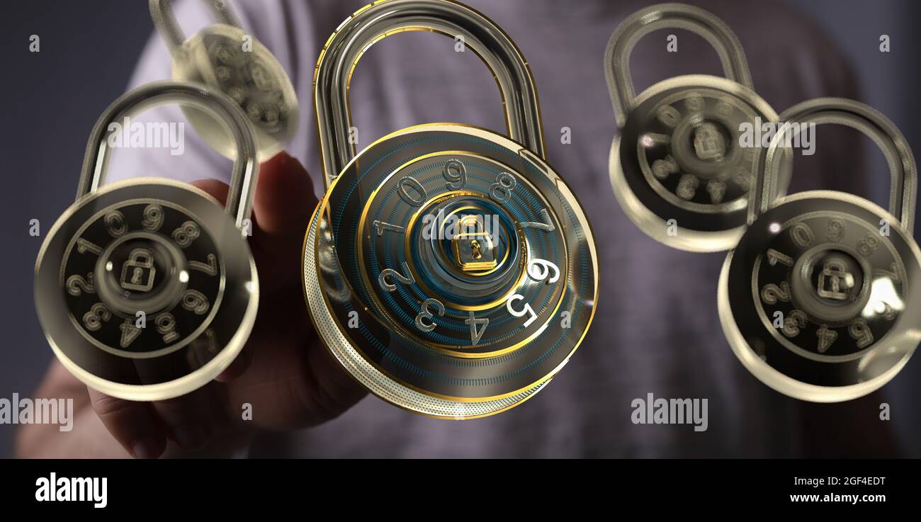Man touching the virtual 3D padlock icons symbolizing data security ...