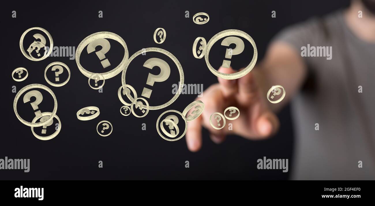 3D rendering of the virtual question mark icons symbolizing problem ...