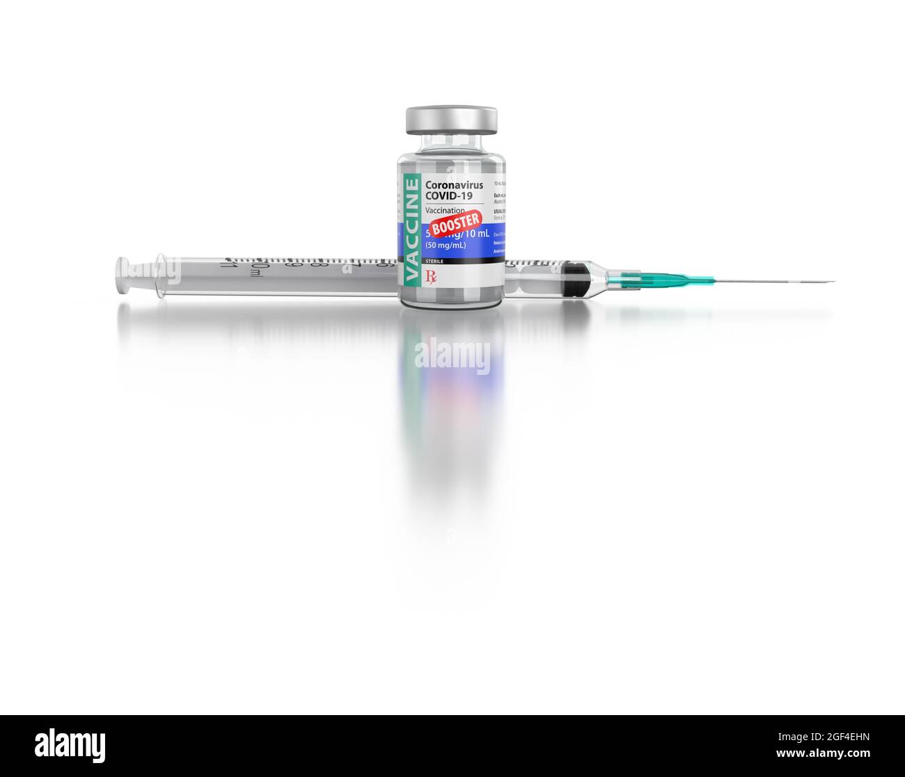 Coronavirus COVID-19 Vaccine Booster Vial and Syringe On Reflective ...