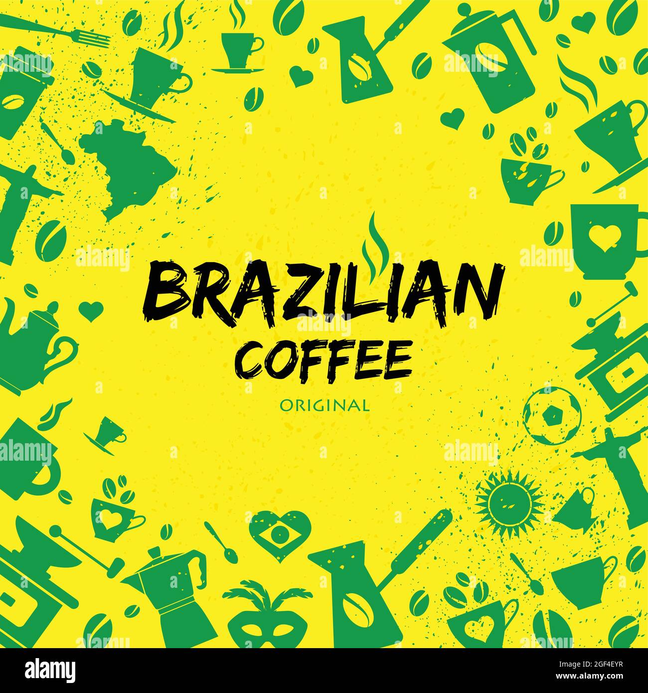 A set of green Brazilian icons and symbols against yellow background ...