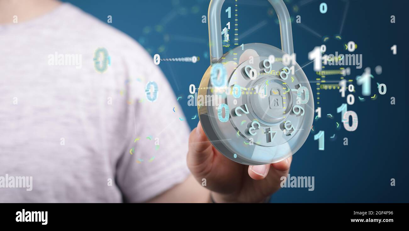 Male hand touching a 3d rendered lock icon - security and guarantee concept Stock Photo - Alamy