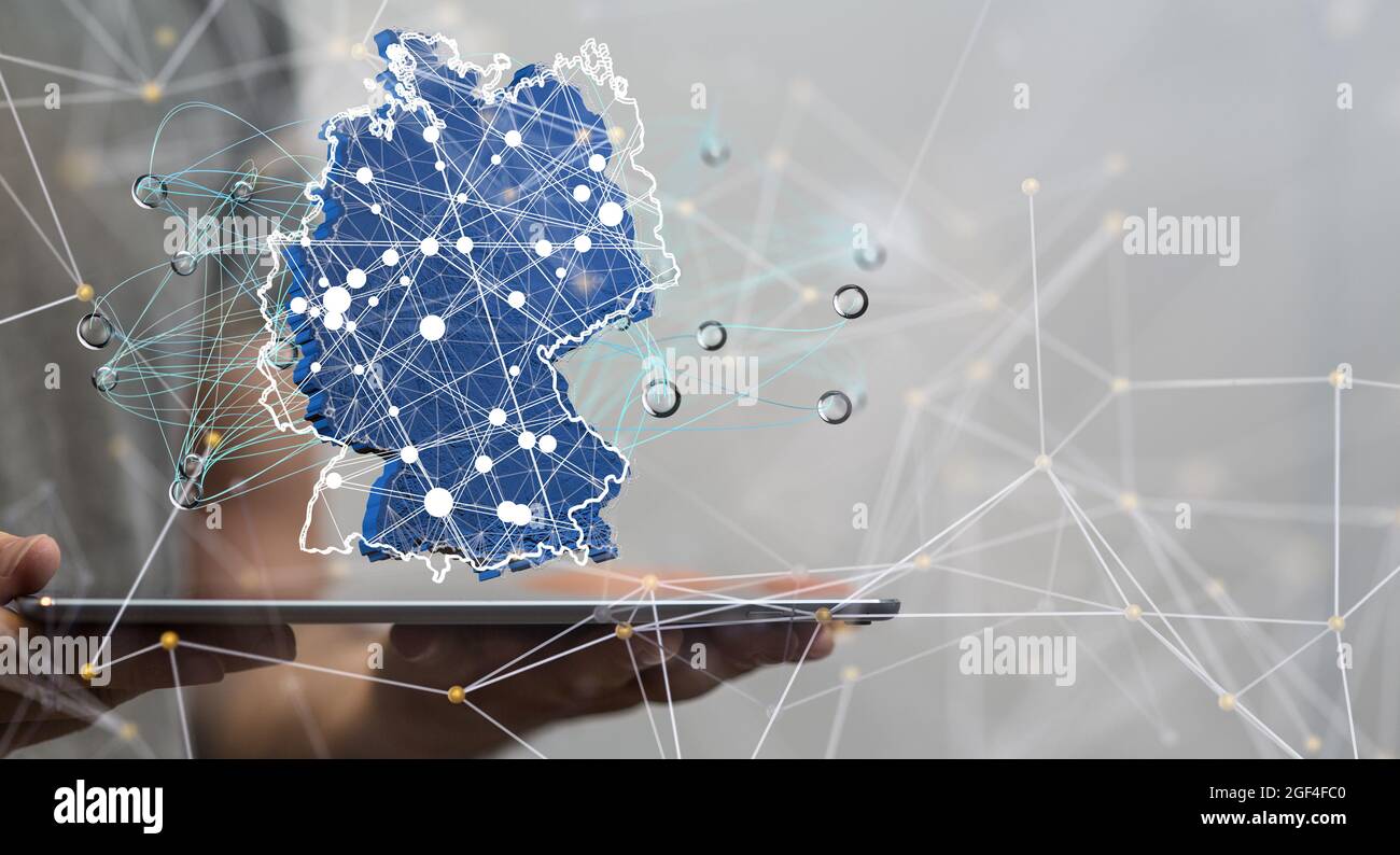 3d rendered Germany map and network above the tablet held by a person ...