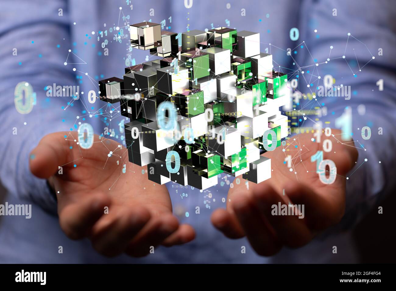 3d rendered abstract technology over the hands of a male - data internet infrastructure concept ...