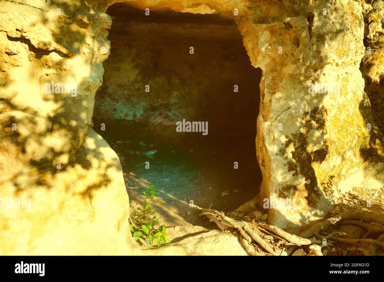Entrance to a man-made cave in a limestone rock. A place of refuge for ...