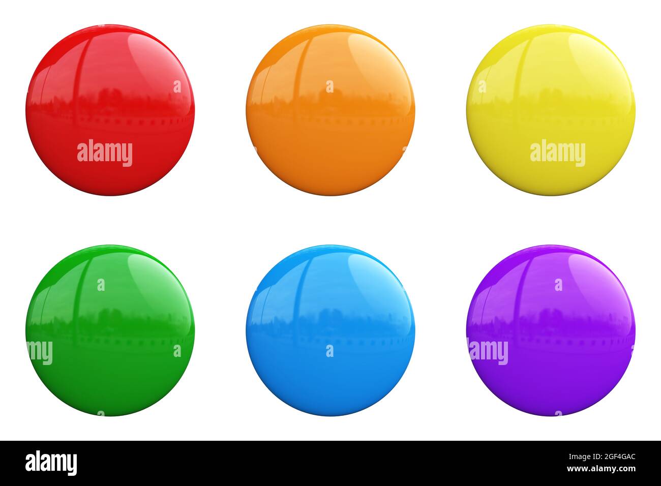 Colorful glossy badges, six pin badges with copy space 3d rendering ...