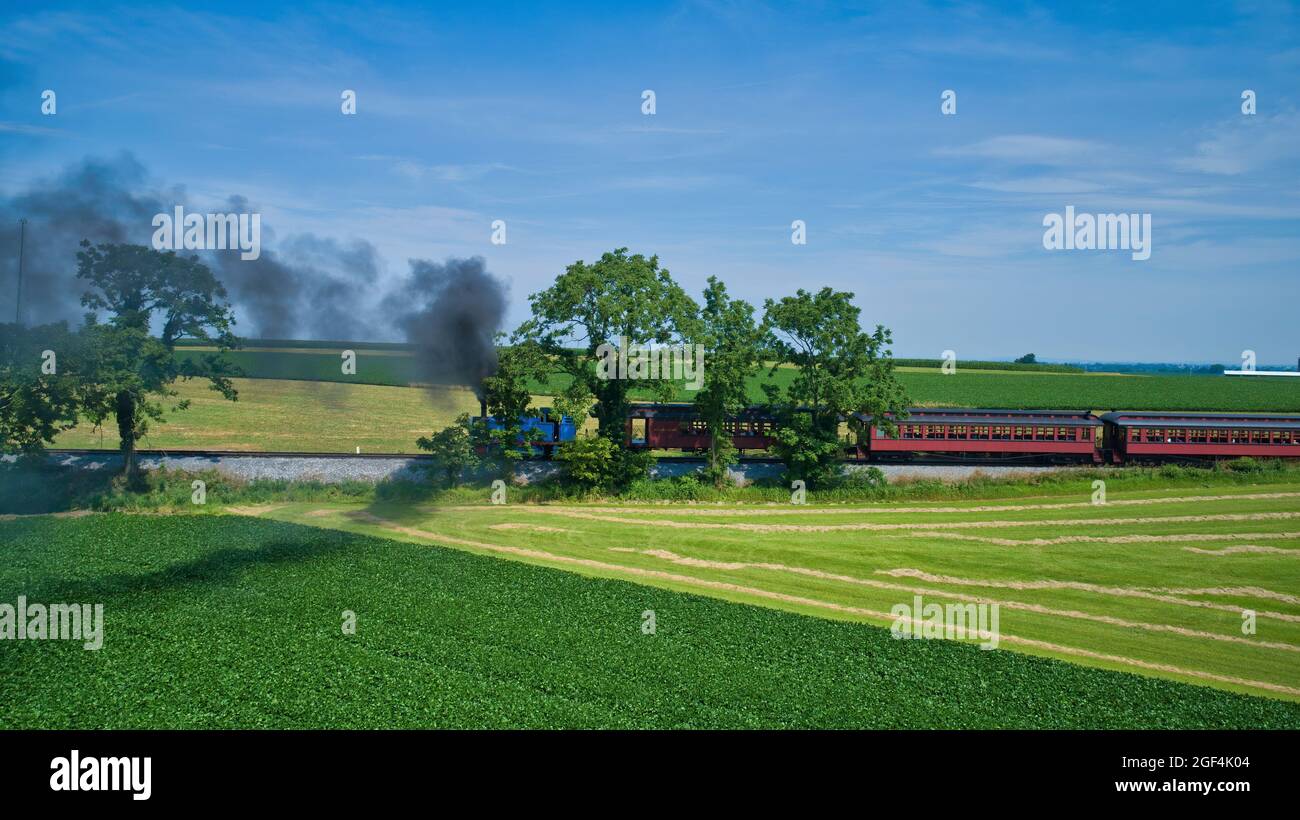 Aerial View of Thomas the Tank Engine Approaching Thru Trees and ...