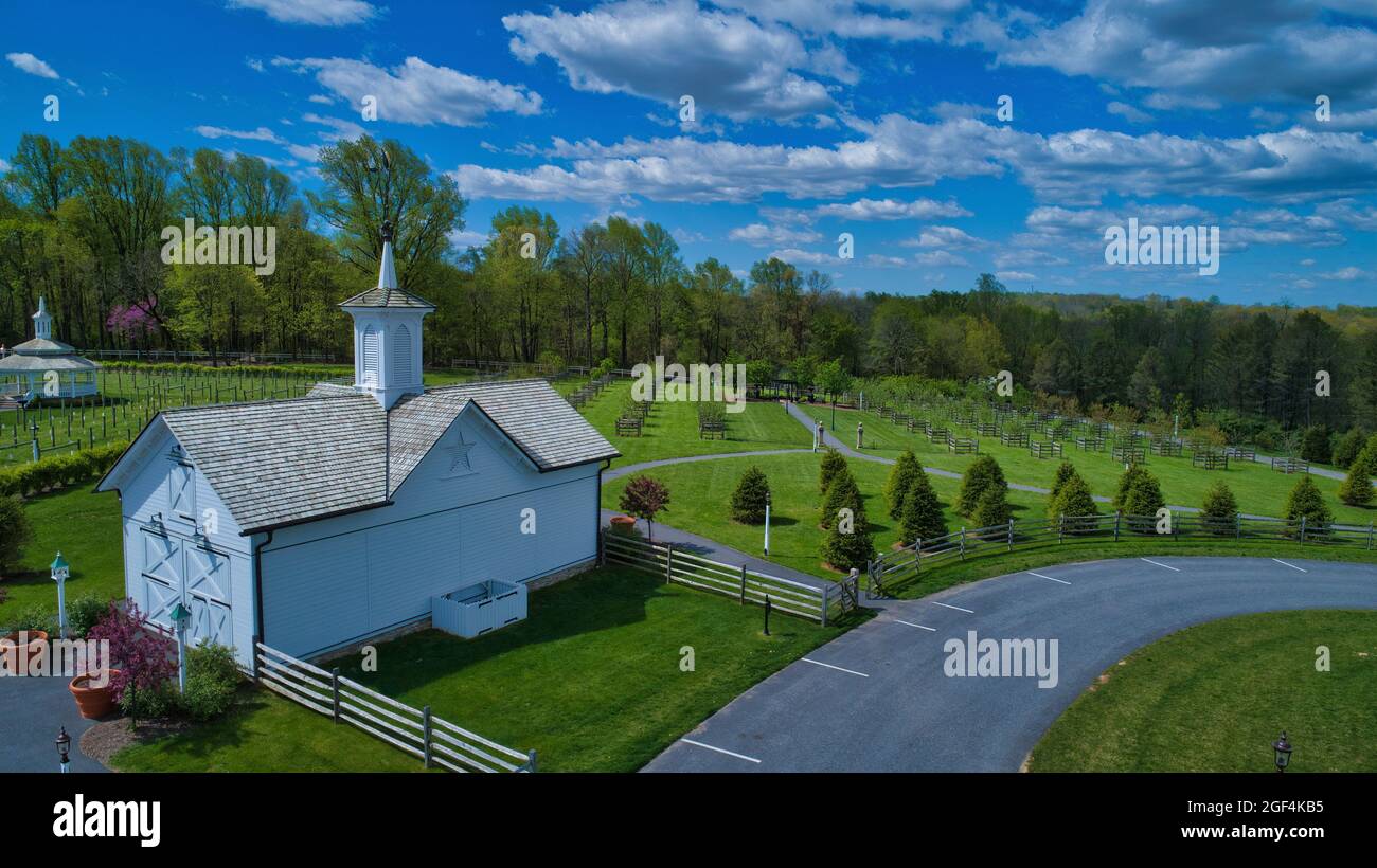 Aerial View of Restored Barns and Surrounding Buildings on a Beautiful ...